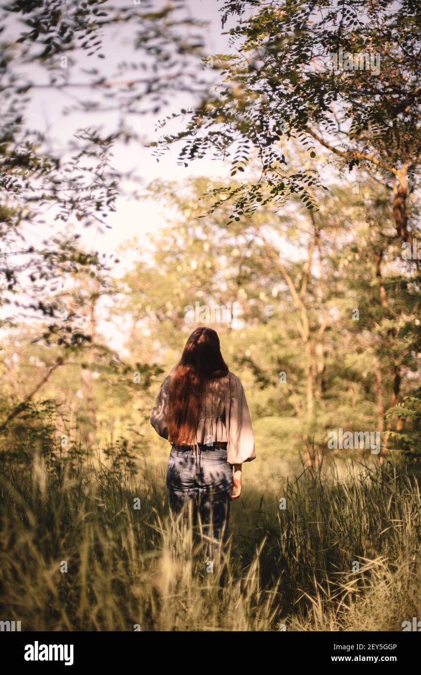 Back view of young woman looking up standing in forest during summer ...