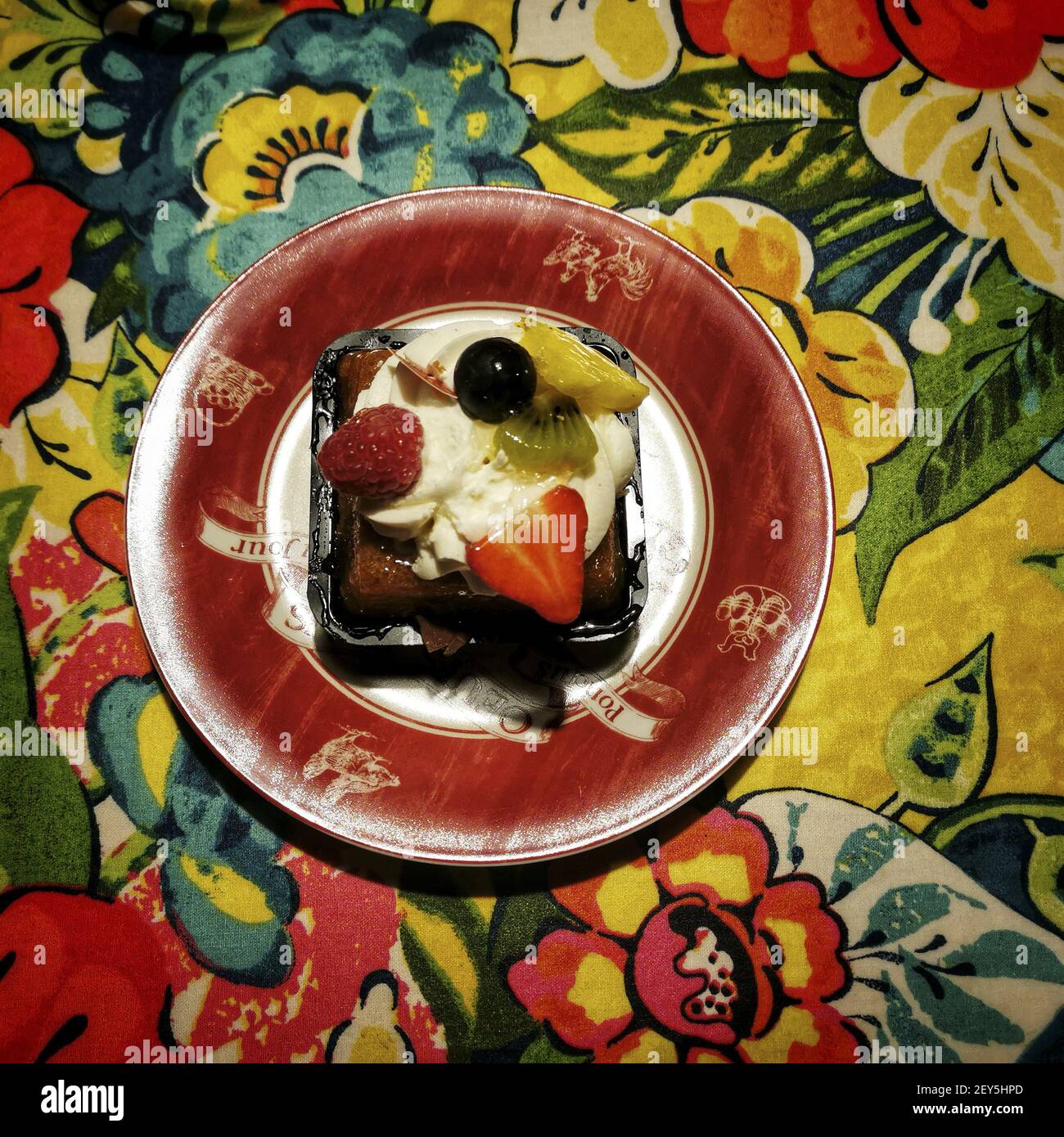 A top view closeup of a chocolate cake with whipped cream and fruits on ...