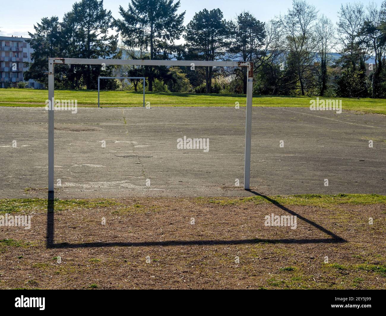 A closeup view of a soccer Field on a smaller playing surface located ...