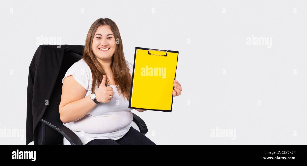 Banner, long format. Fat obese woman gesturing thumb up, holding empty ...