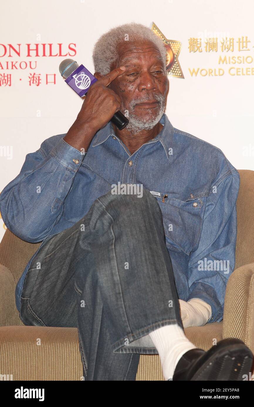 Morgan Freeman attends a press conference after watching a golf game in ...