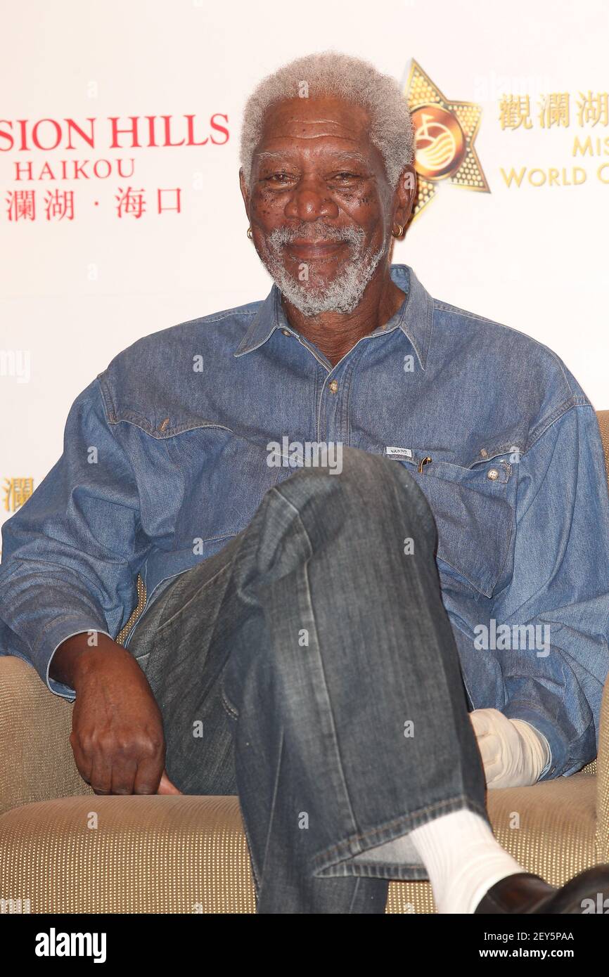 Morgan Freeman attends a press conference after watching a golf game in ...