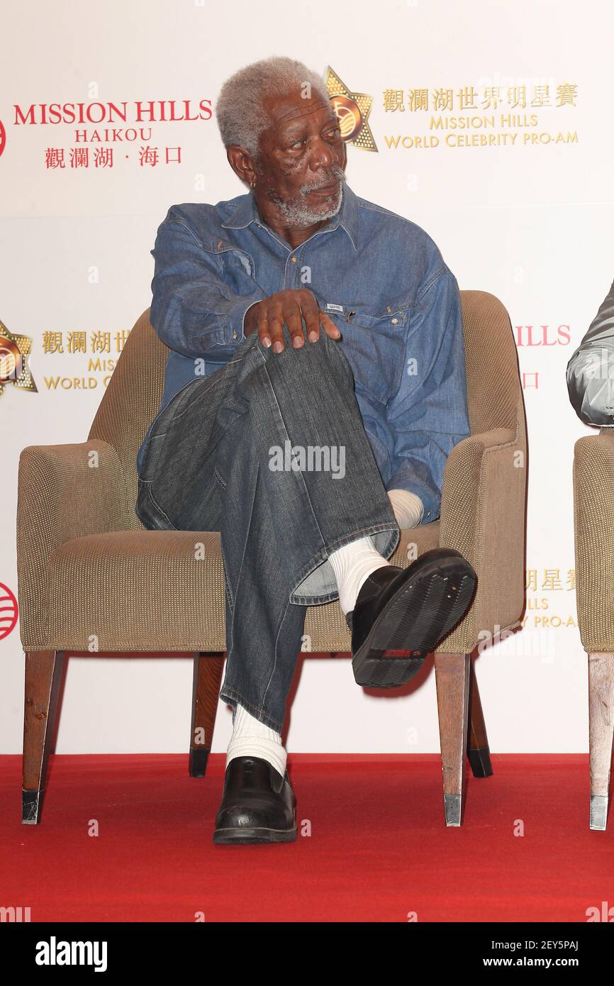 Morgan Freeman attends a press conference after watching a golf game in ...