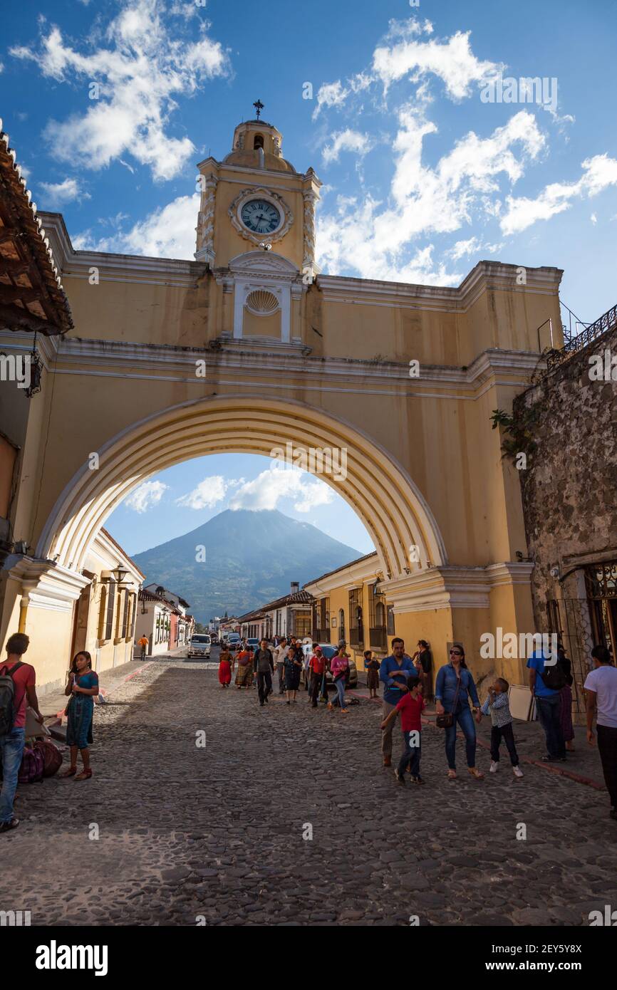 The iconic arch of Santa Catalina in Antigua, Guatemala, framing the ...