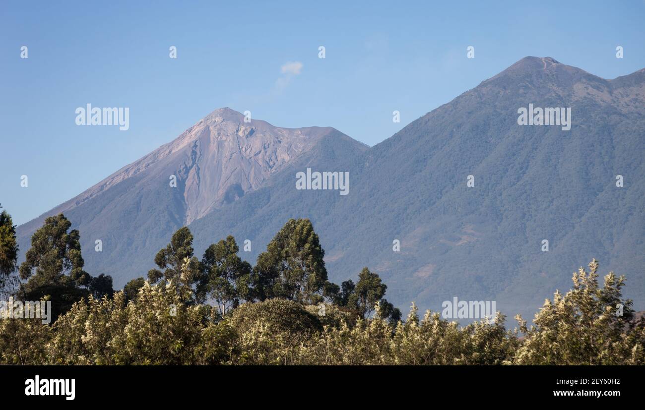 View towards volcanoes Fuego (Fire) and Acatenango near Antigua ...