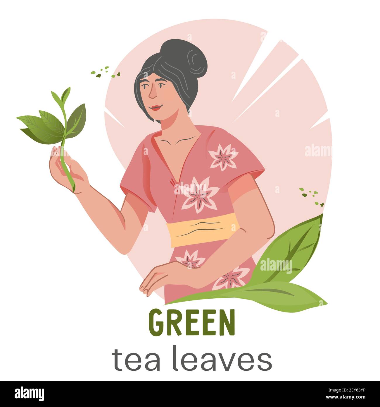 Emblem or banner backdrop for green tea pack or tea shop with woman in ...