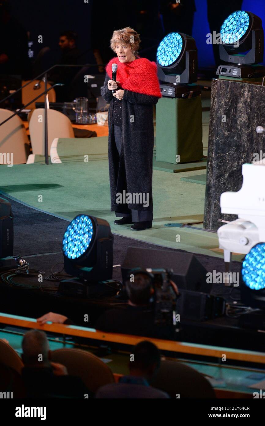 Dena Kaye speaks on stage inside the UN General Assembly Hall at the ...