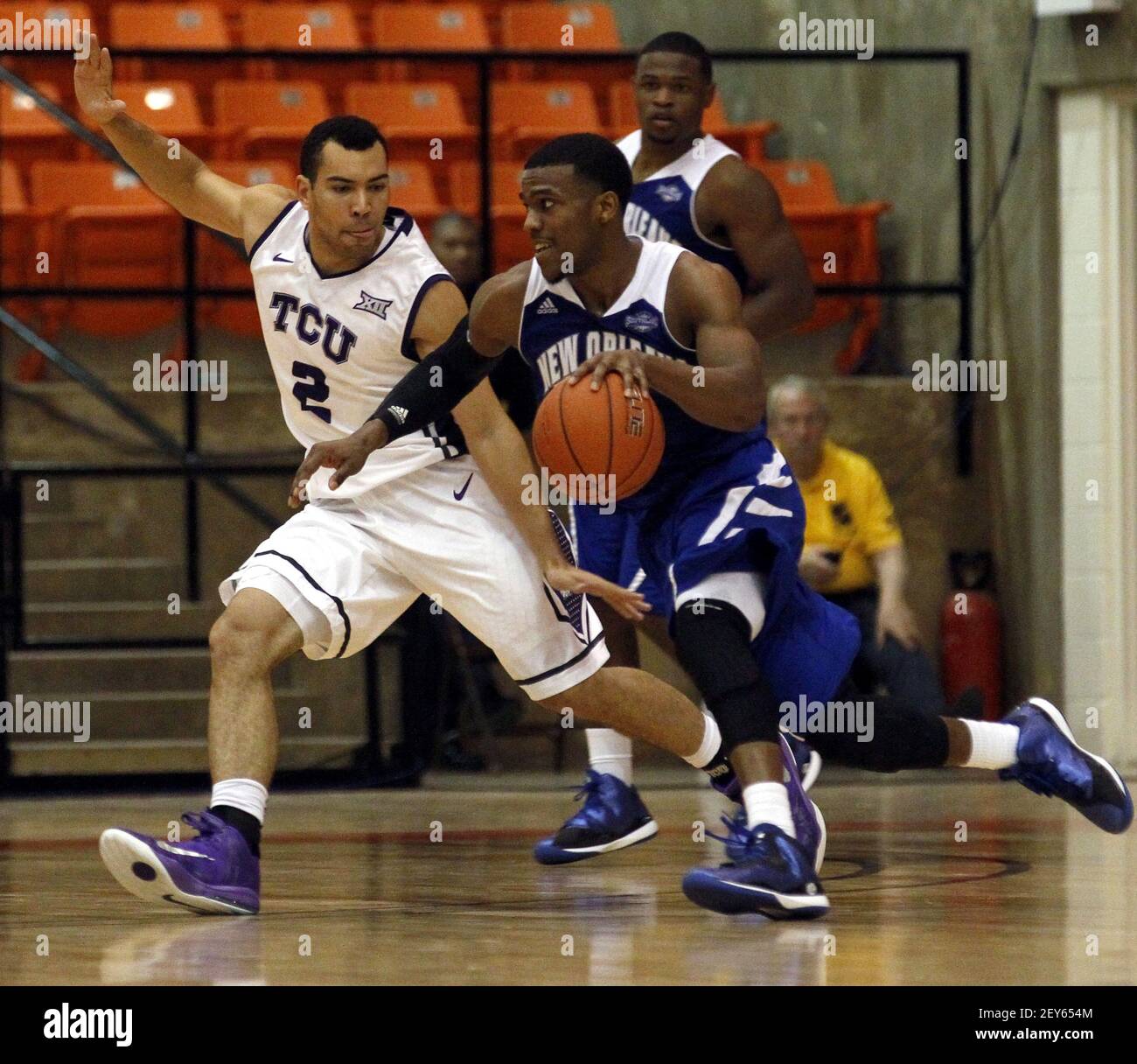 Texas Christian's Michael Williams, left, defends New Orleans' Kevin ...
