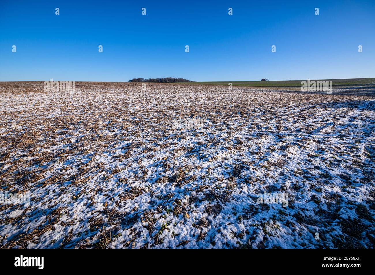 Blue skies above patchy snow on fields in Hampshire, England Stock ...