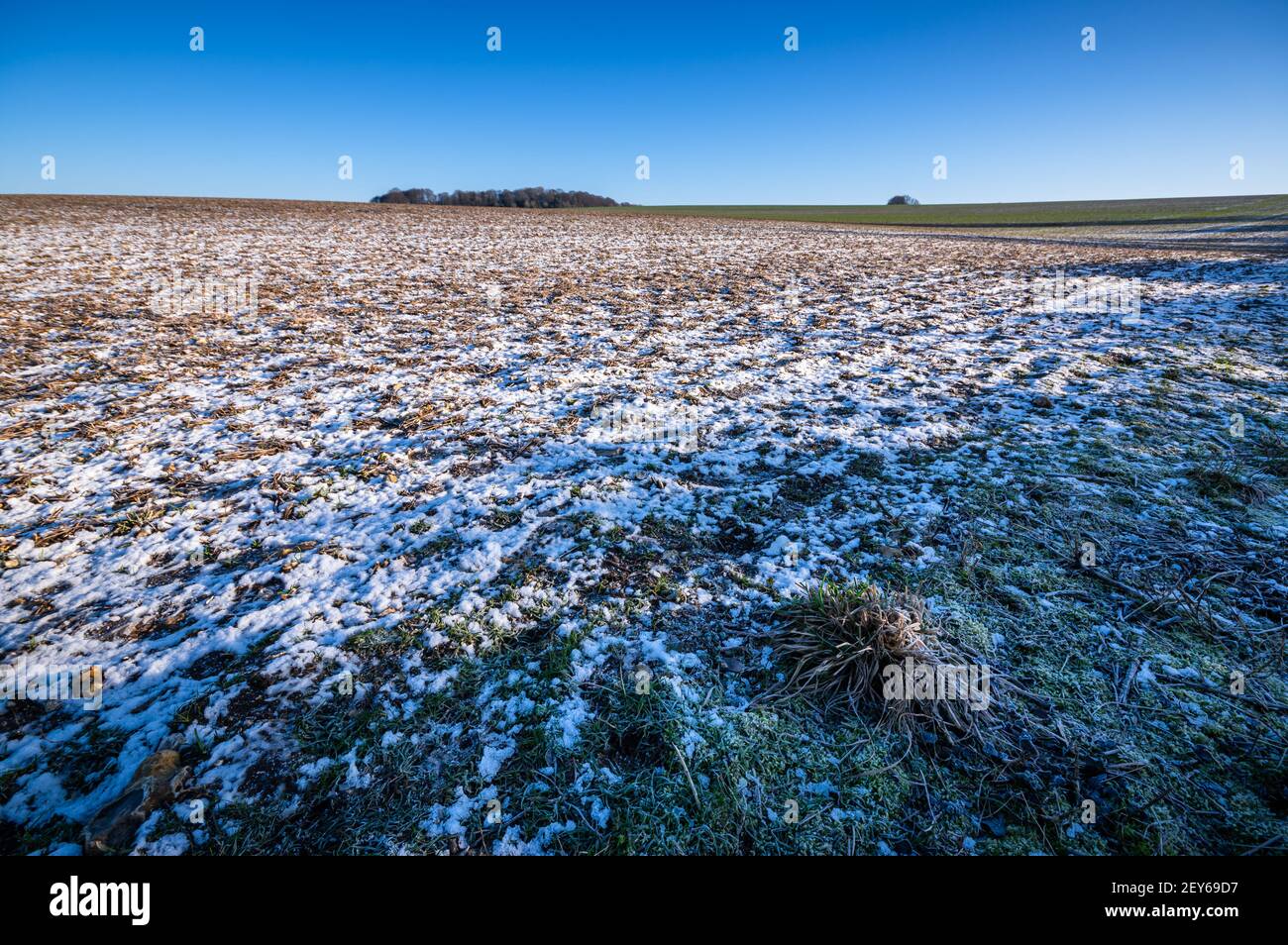 Blue skies above patchy snow on fields in Hampshire, England Stock ...