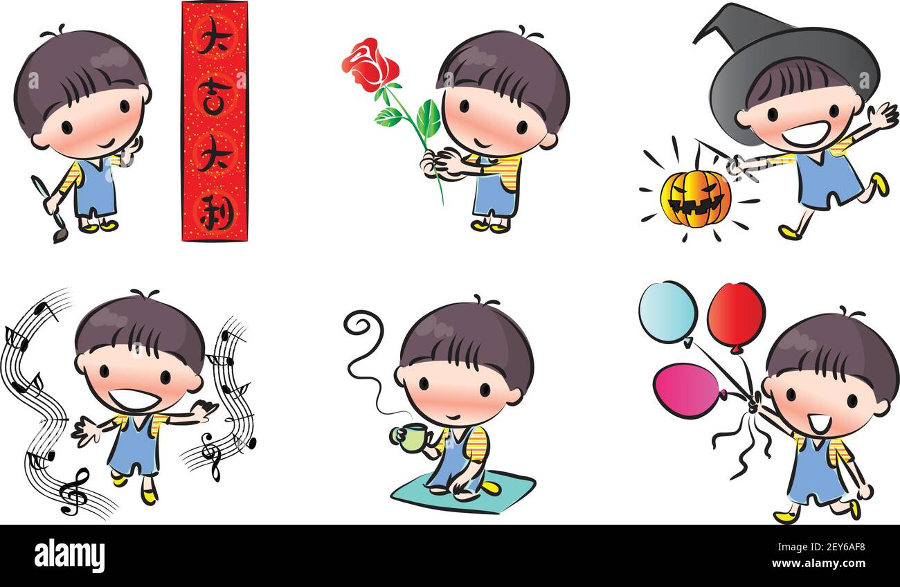 vector cartoon boy life face emoji stickers set Stock Vector Image ...