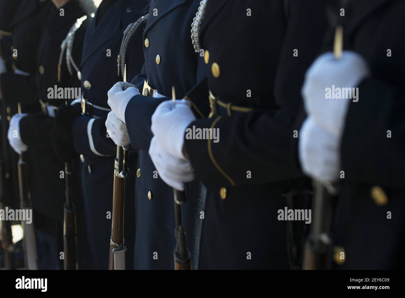 A joint honor cordon marches stands in place to welcome Minister of the ...