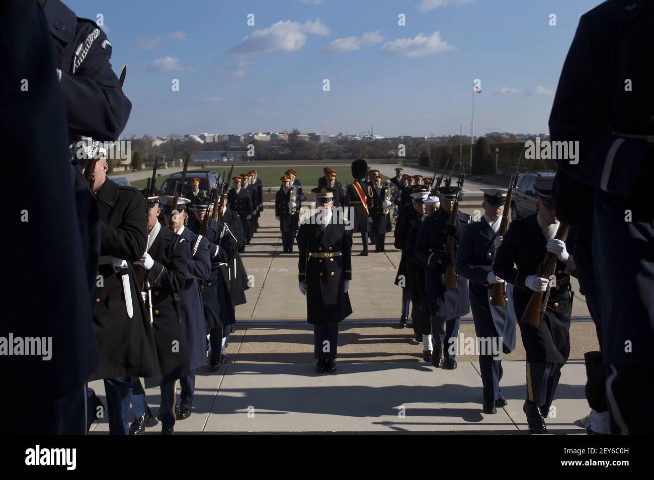 A joint honor cordon marches into place to welcome Minister of the ...