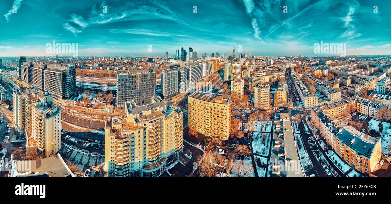 Beautiful panoramic aerial drone skyline view of the Warsaw City Centre ...