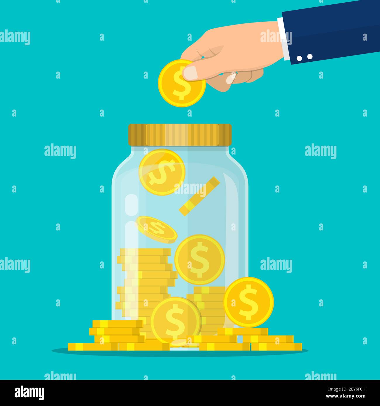 Hand throws a gold coin in the jar Stock Vector Image & Art - Alamy