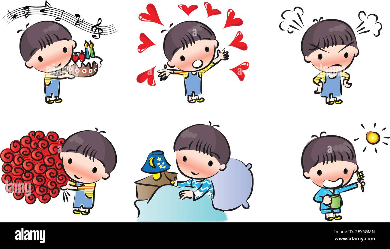 vector cartoon boy life face emoji stickers set Stock Vector Image ...