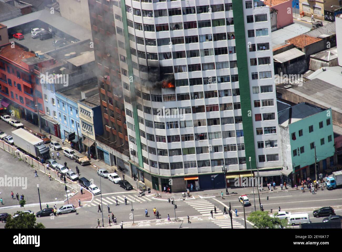 Aerial view of a fire in building in downtown Sao Paulo, Brazil, on ...