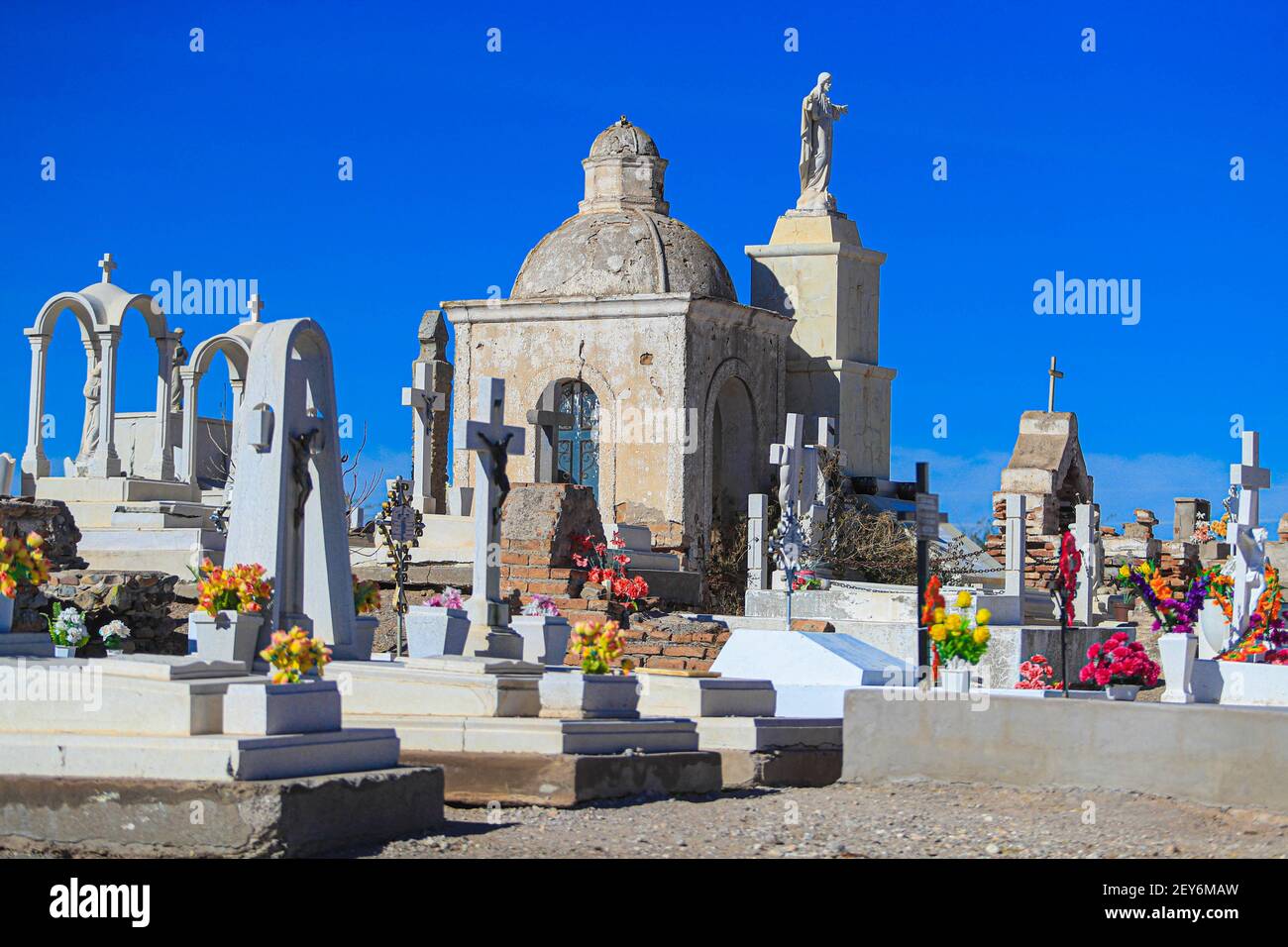 Headstones and old graves from the cemetery in the town of Oquitoa ...