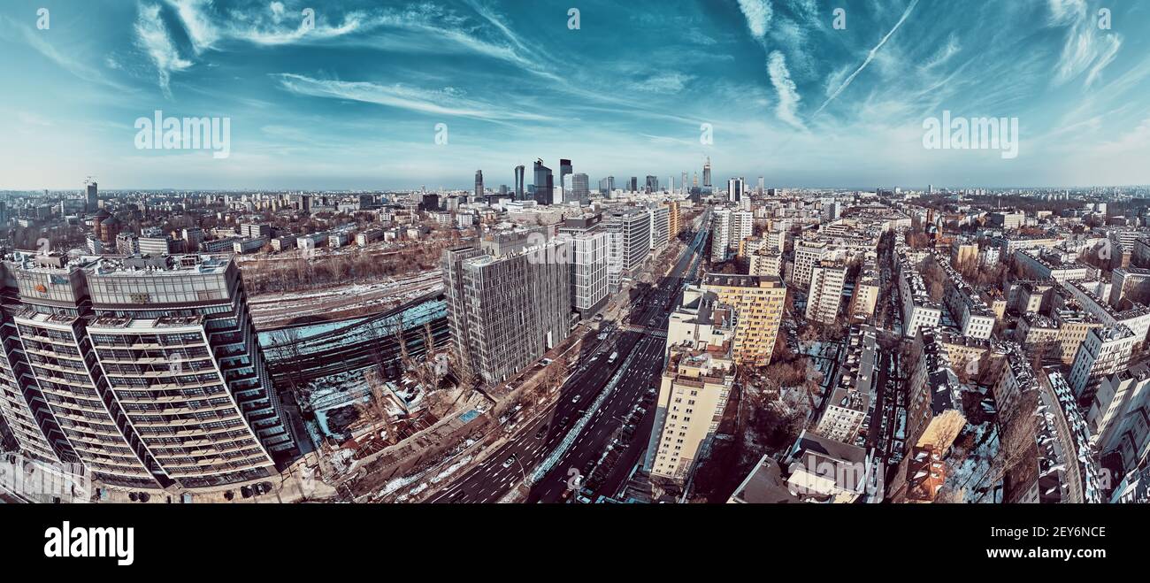 Beautiful panoramic aerial drone skyline view of the Warsaw City Centre ...