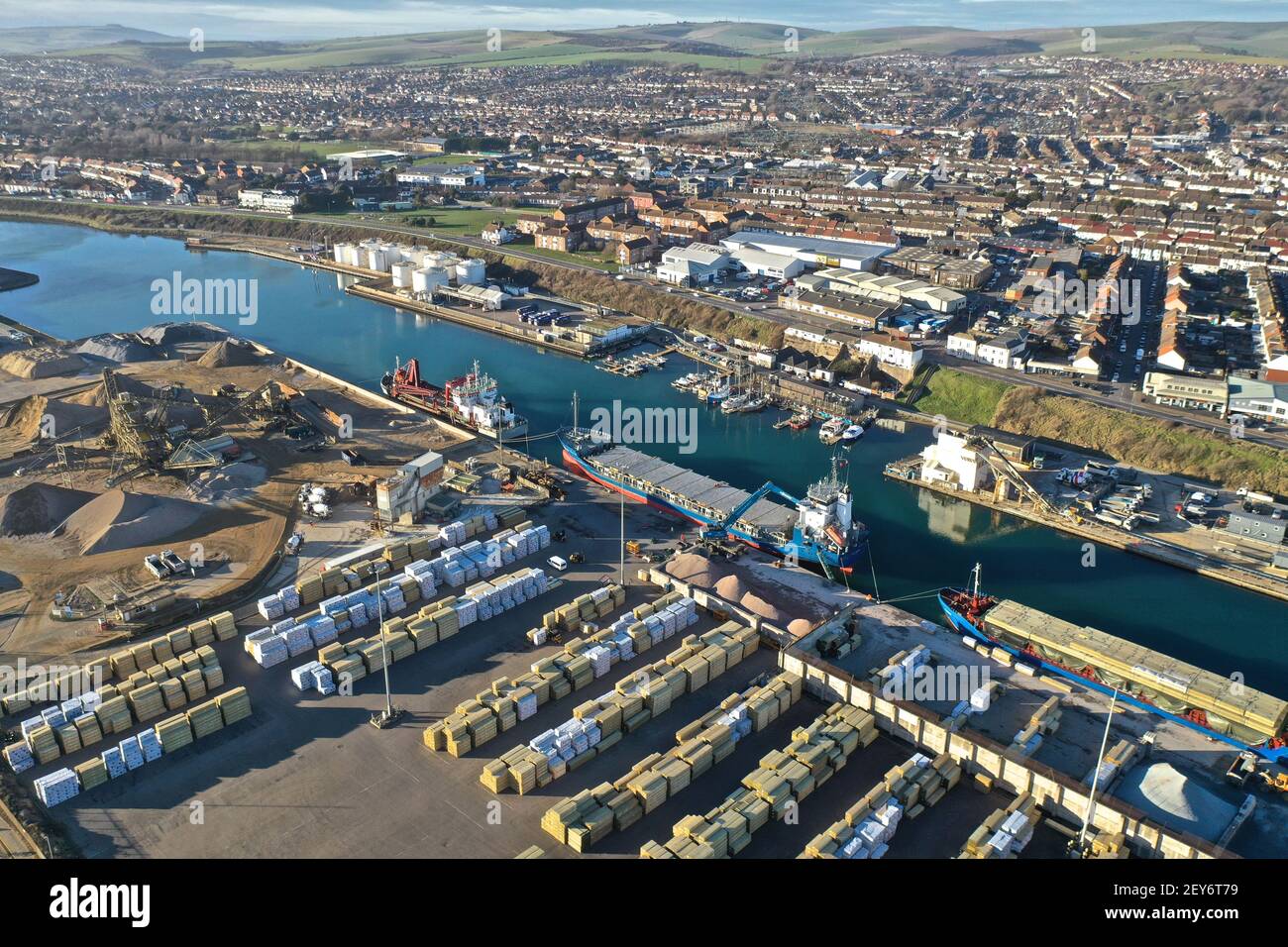 Aerial view of Shoreham Docks, Industrial area in Brighton and Hove ...