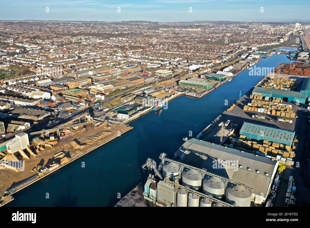 Aerial view of Shoreham Docks, Industrial area in Brighton and Hove ...