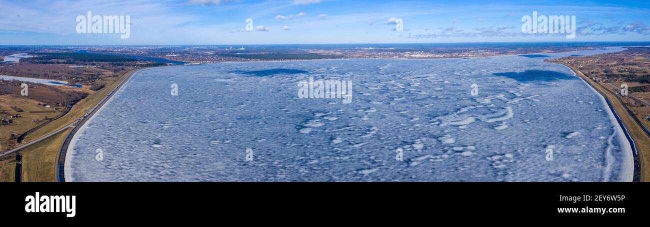 Panoramic aerial view of the winter dam near hydroelectric power plant ...