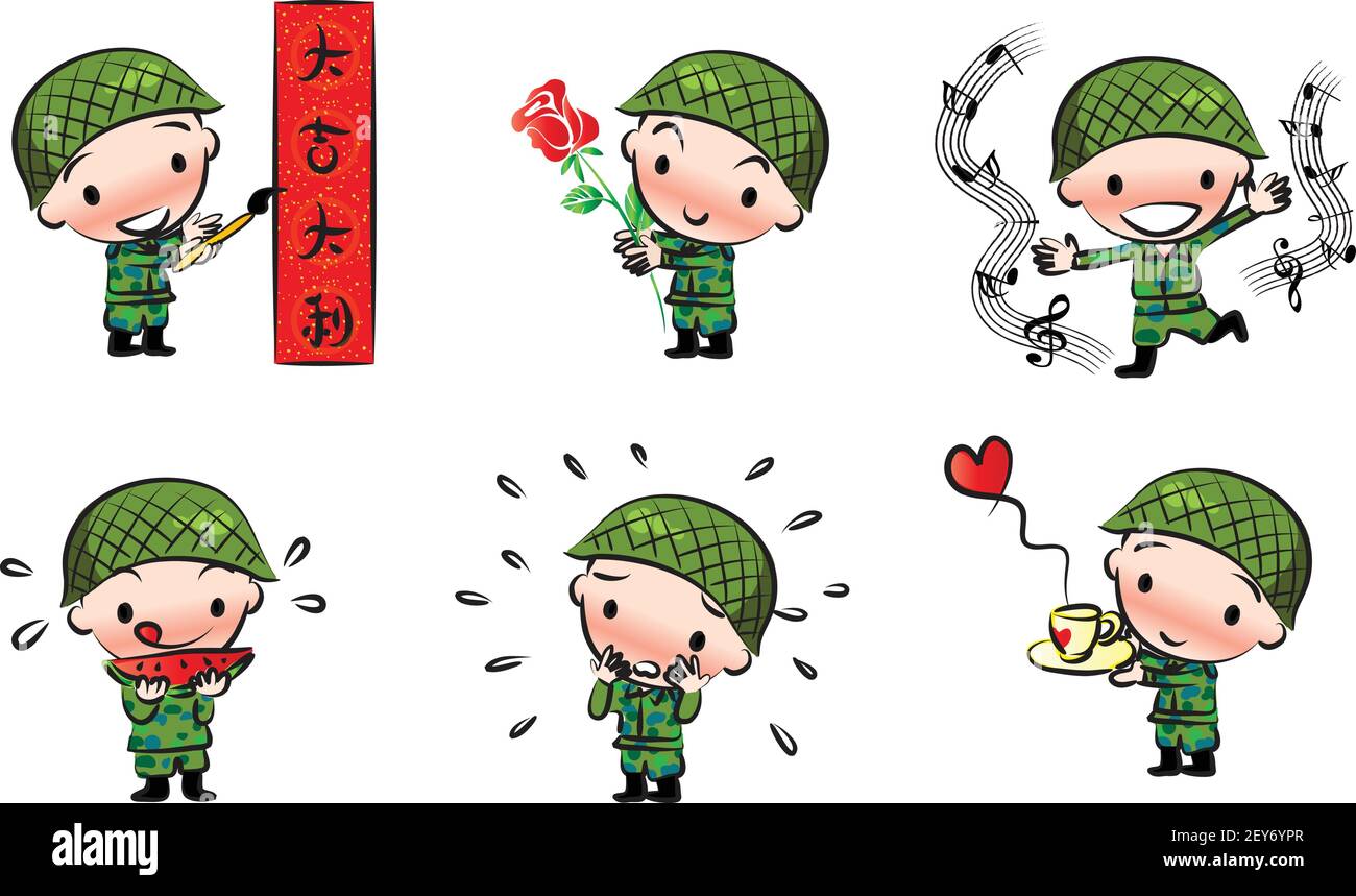 vector cartoon soldier boy life face emoji stickers set Stock Vector ...