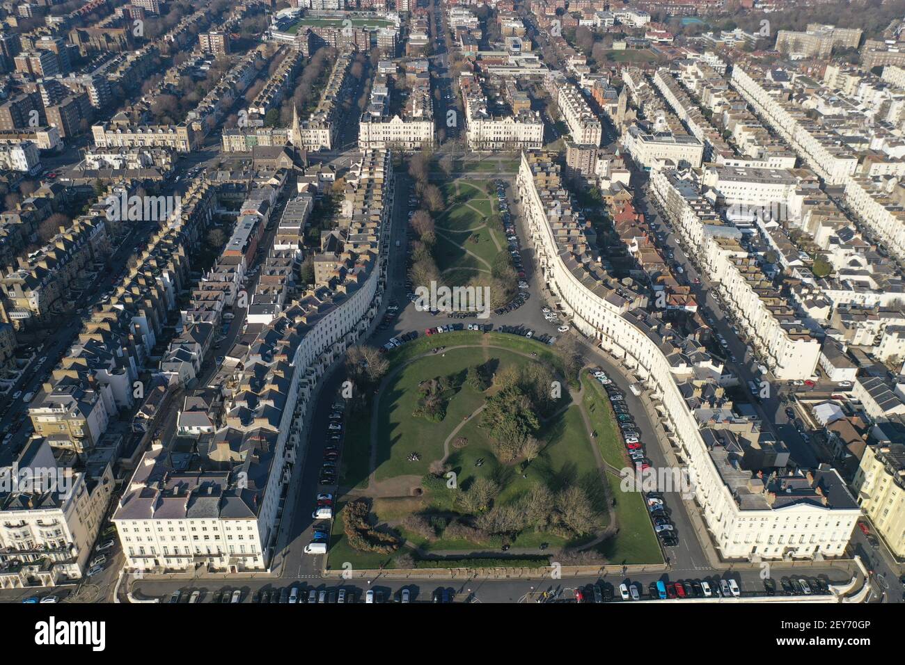 Aerial view of Adelaide crescent and surrounding of Brighton and Hove ...