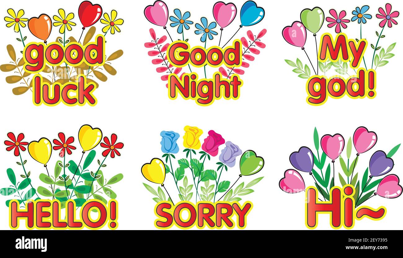 vector cartoon rose balloons greeting card emoji stickers set Stock ...