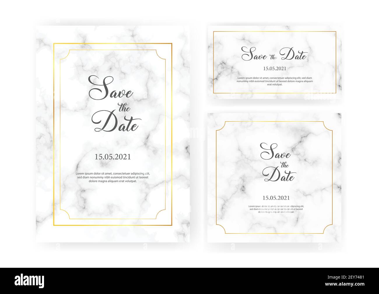 Elegant wedding invitations set with golden geometric frames and gray ...