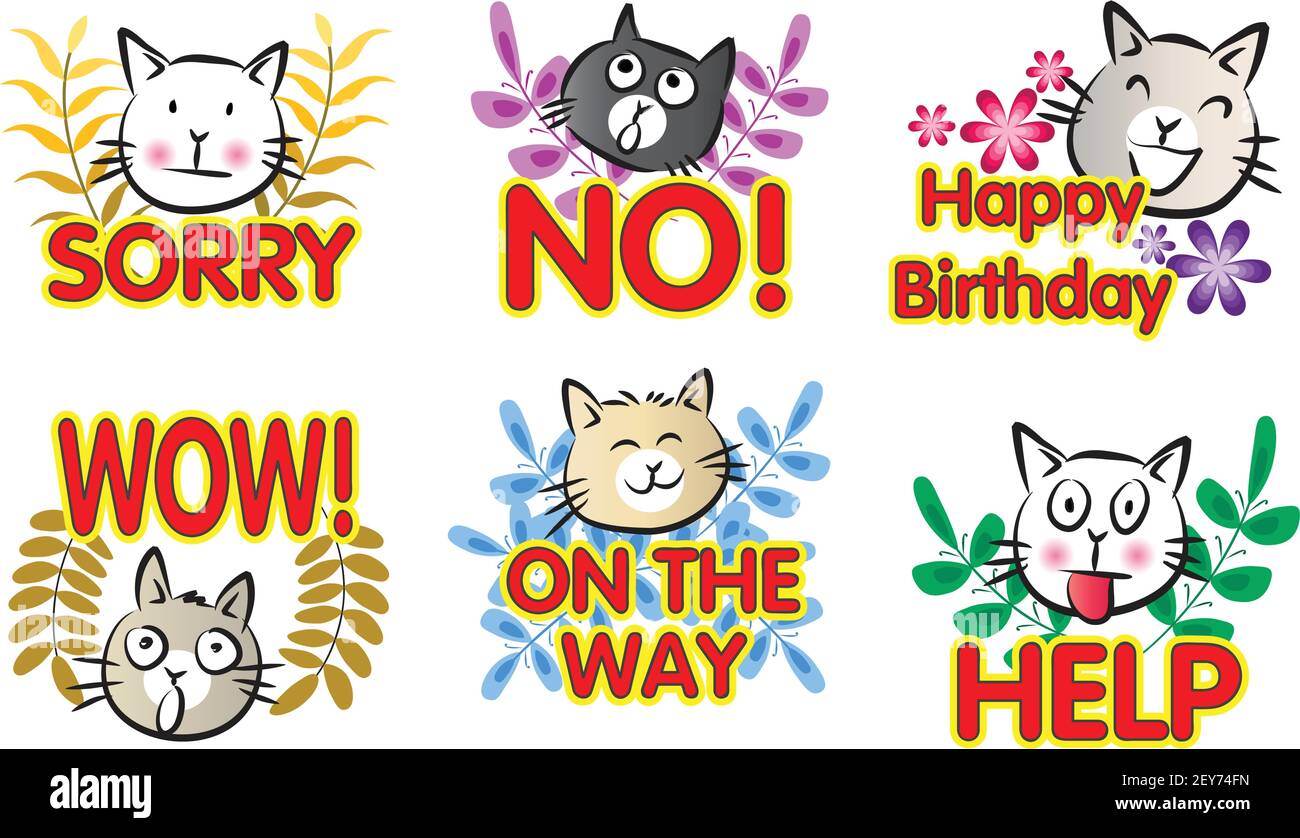vector cartoon cat greeting card emoji stickers set Stock Vector Image ...