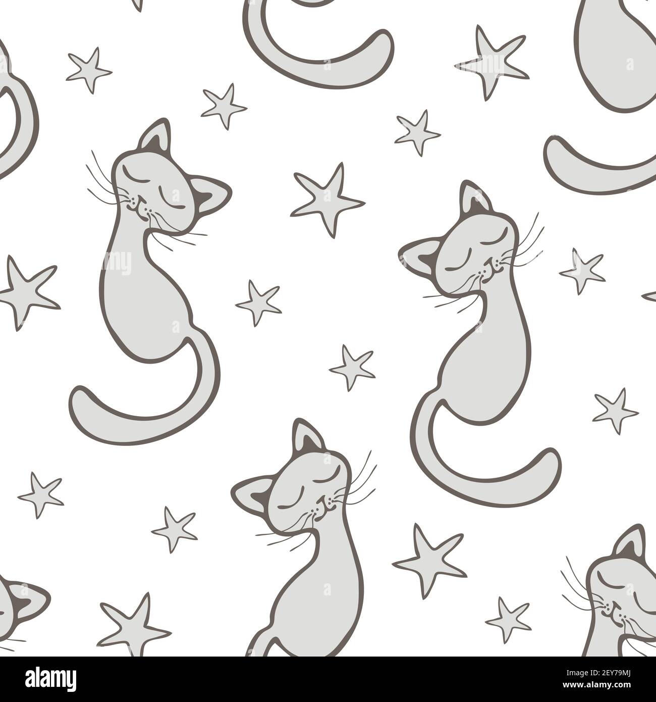 Seamless vector pattern with cats and stars on white background ...