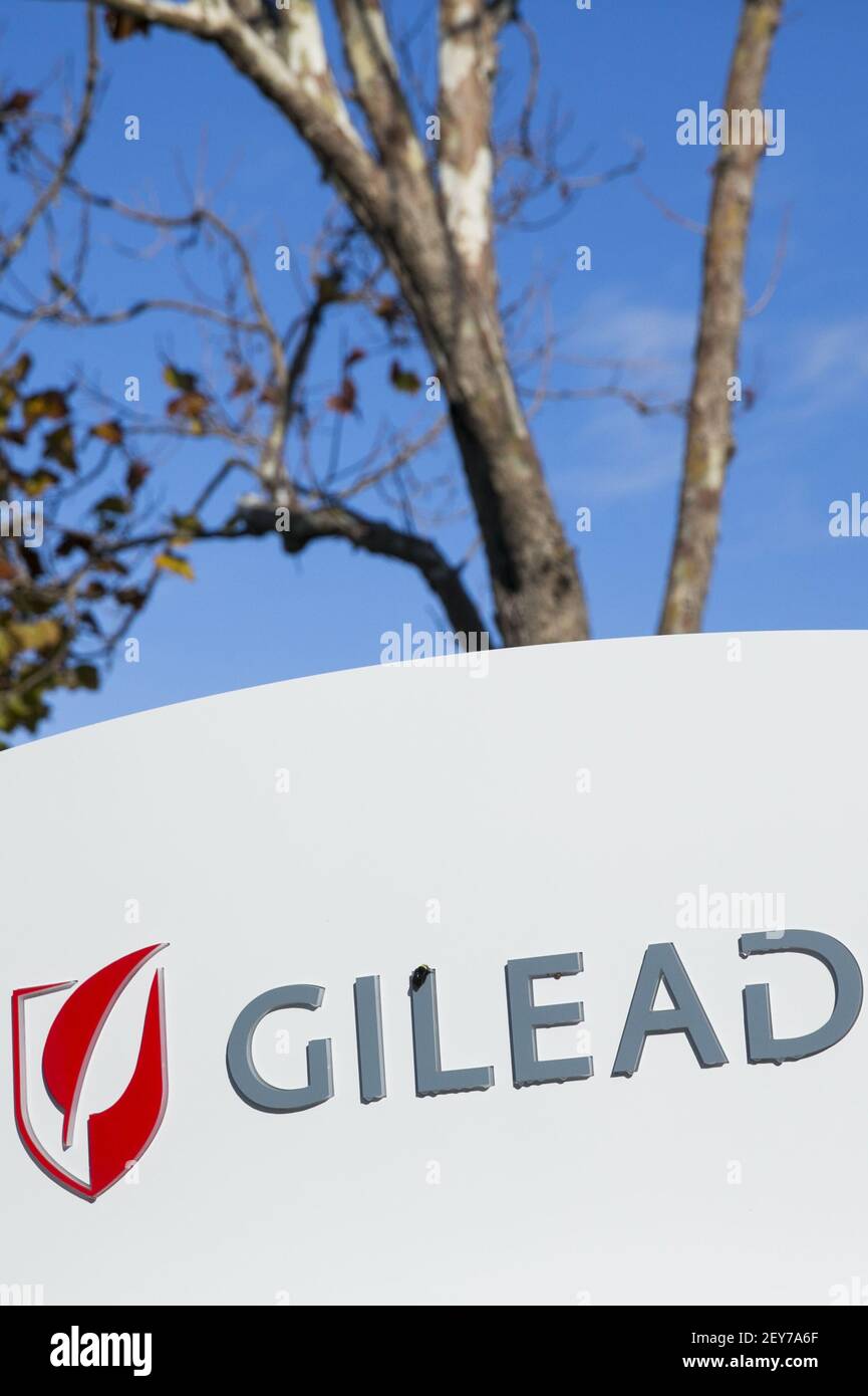 A logo sign at the headquarters campus of Gilead Sciences in Foster ...