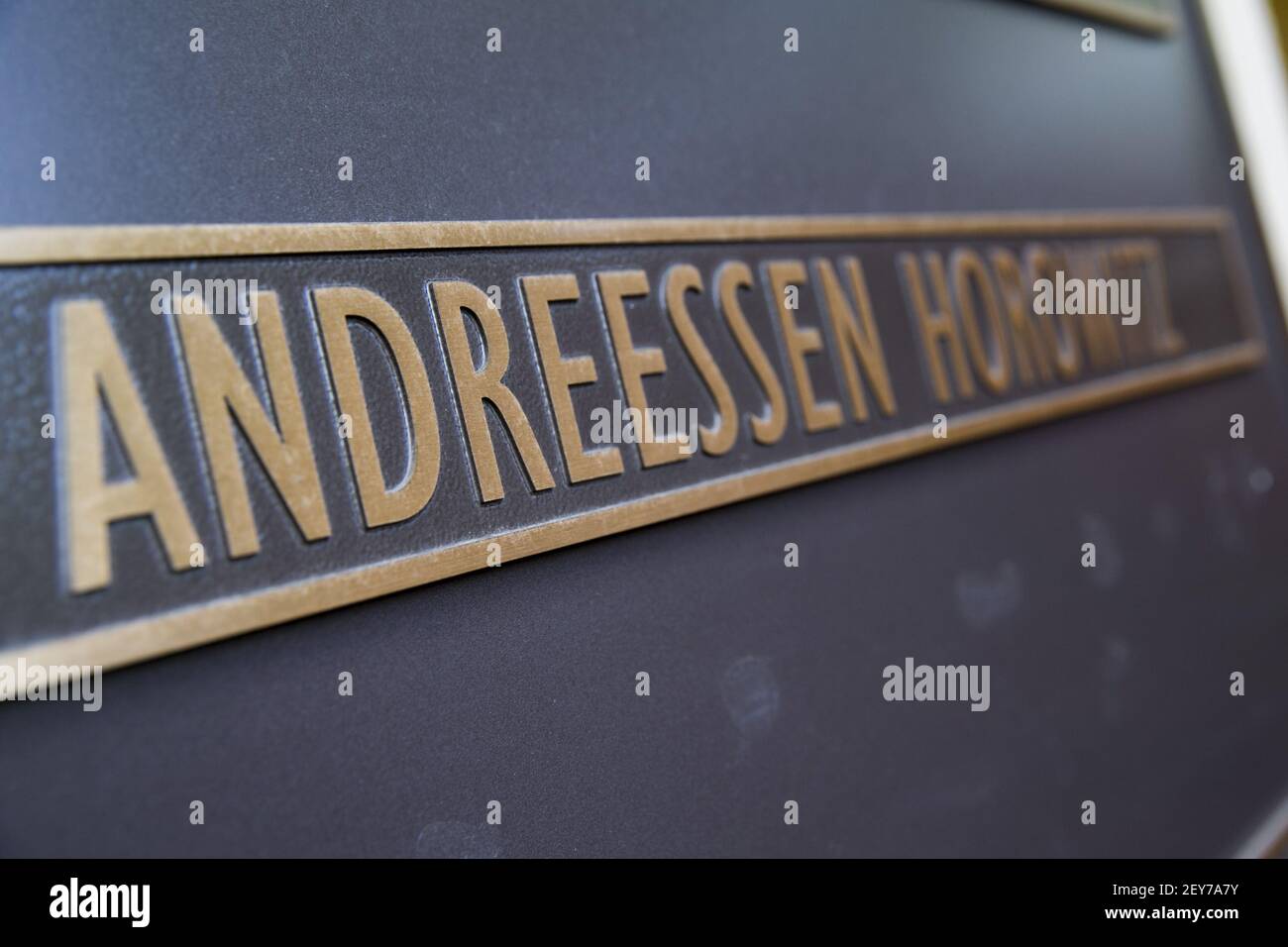 A logo sign at the headquarters of the venture capital firm Andreessen ...
