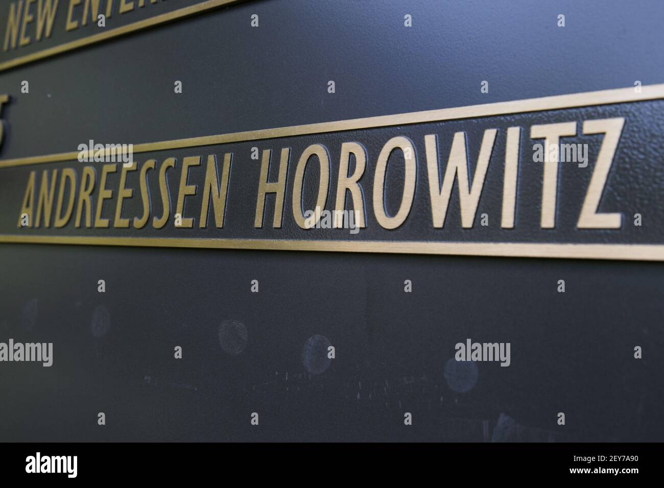 A logo sign at the headquarters of the venture capital firm Andreessen ...