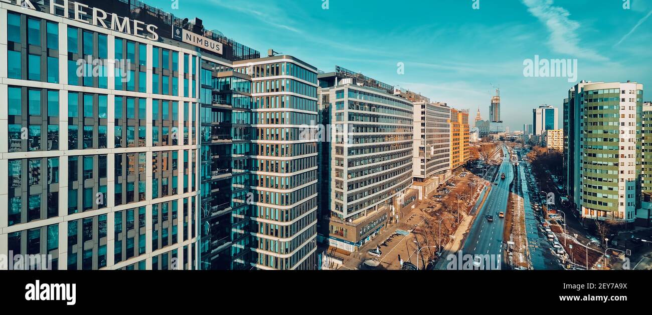 Beautiful panoramic aerial drone skyline view of the Warsaw City Centre ...