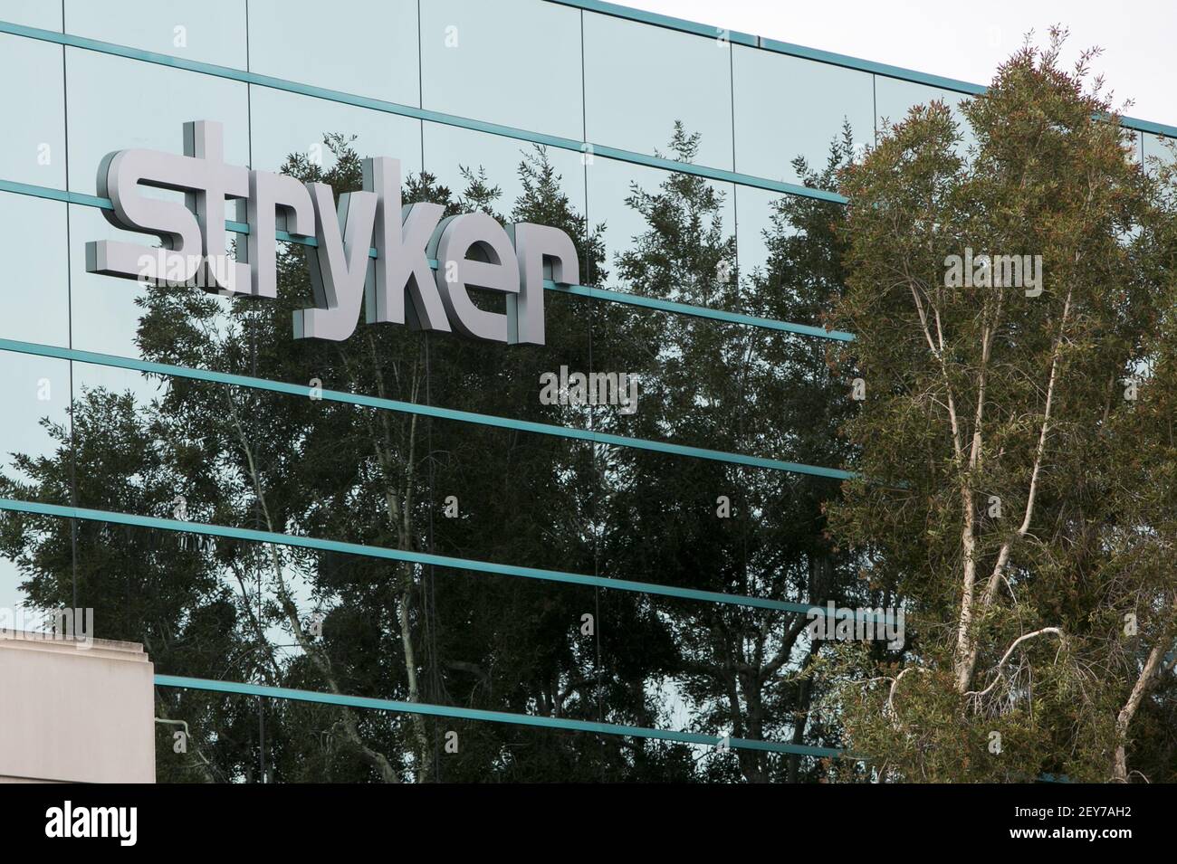 A logo sign outside a facility operated by the Stryker Corporation in ...