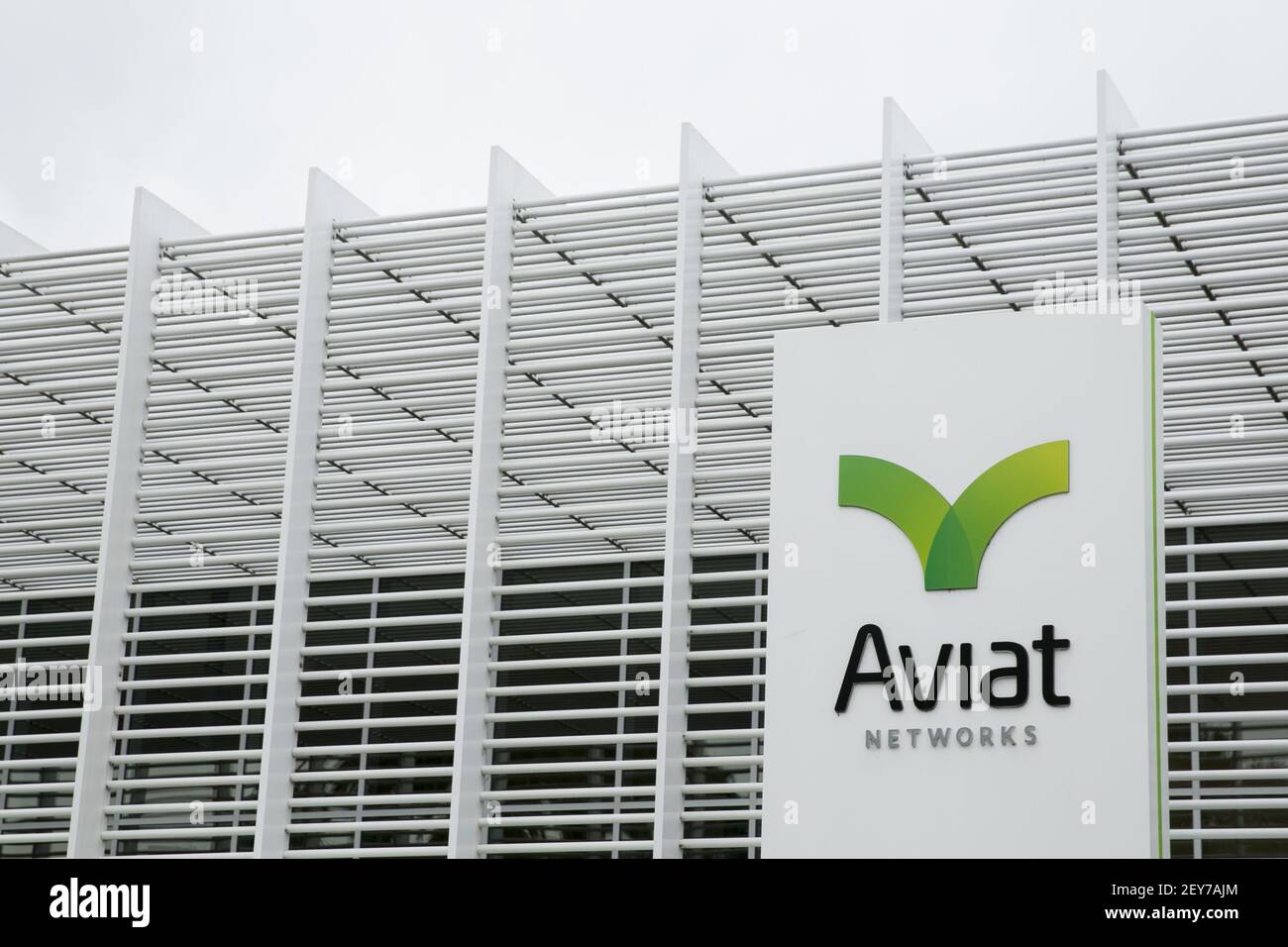 A logo sign outside the headquarters of Aviat Networks in Santa Clara ...