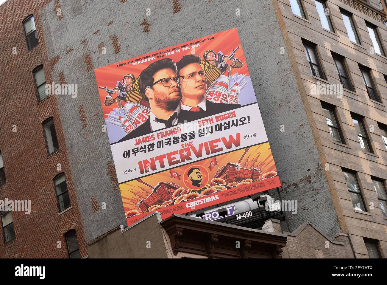A poster sign of Sony Picture's "The Interview" can be seen on the ...