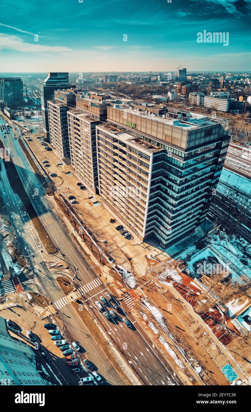 Beautiful panoramic aerial drone skyline view of the Warsaw City Centre ...