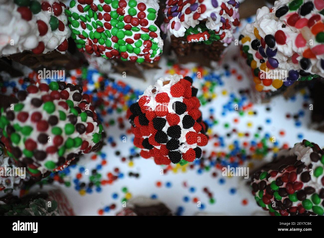 Top view of decorated roofs of gingerbread houses at the annual ...