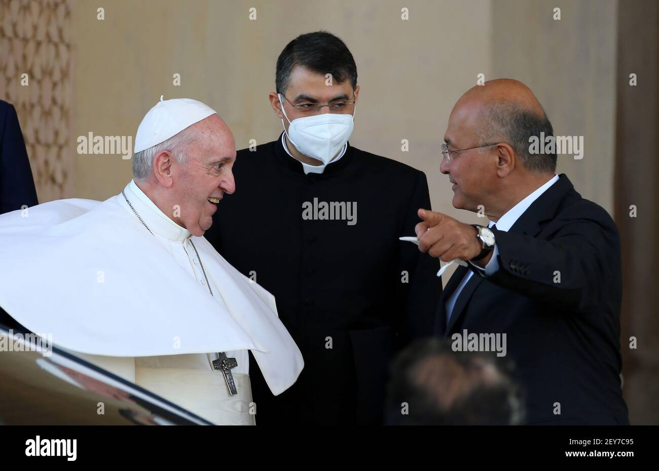 Baghdad, Iraq. 05th Mar, 2021. Iraqi President Barham Saleh (R) greets ...