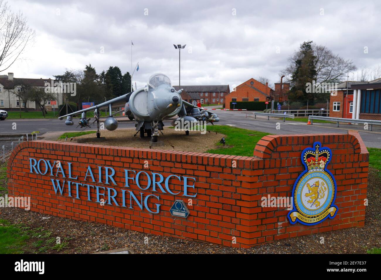 A decommissioned Harrier GR7A sits as a gate guard at the entrance to ...