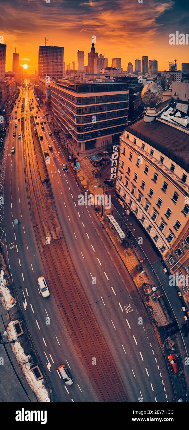 Beautiful panoramic aerial sunset drone skyline view of the Warsaw City ...