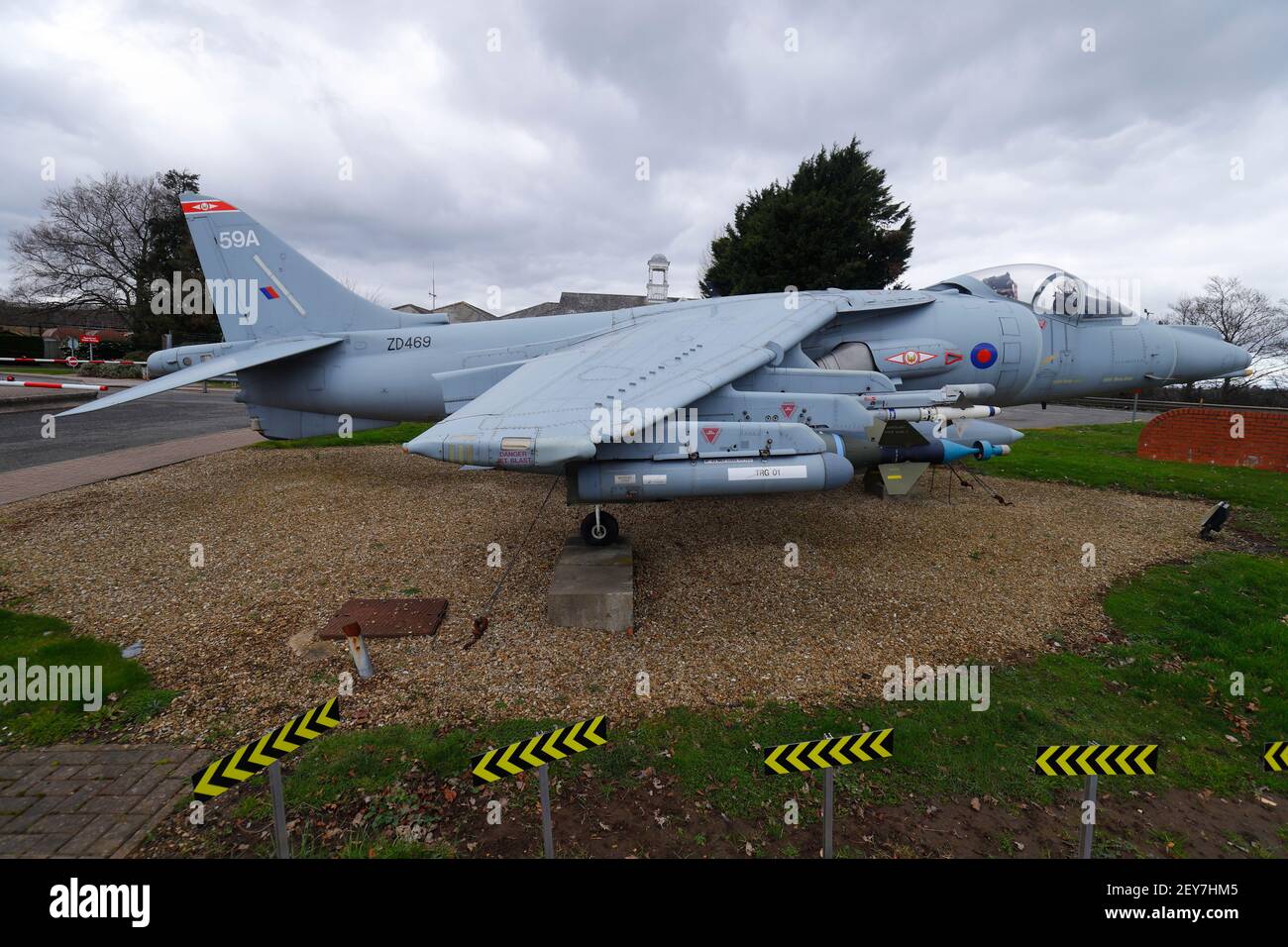 A decommissioned Harrier GR7A sits as a gate guard at the entrance to ...