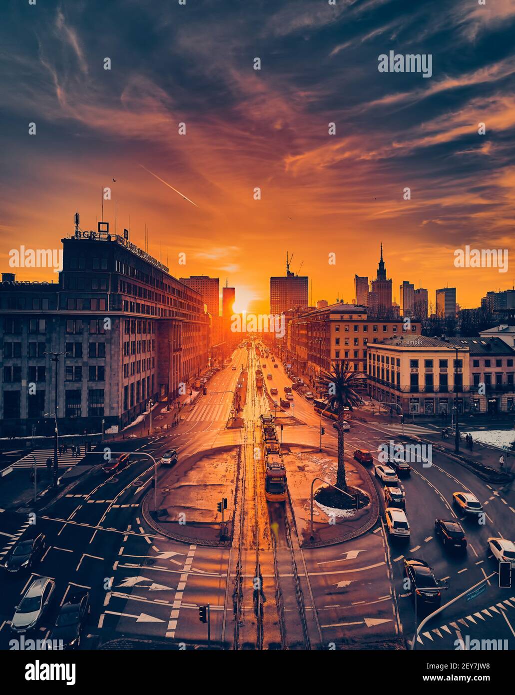 Beautiful panoramic aerial sunset drone skyline view of the Warsaw City ...