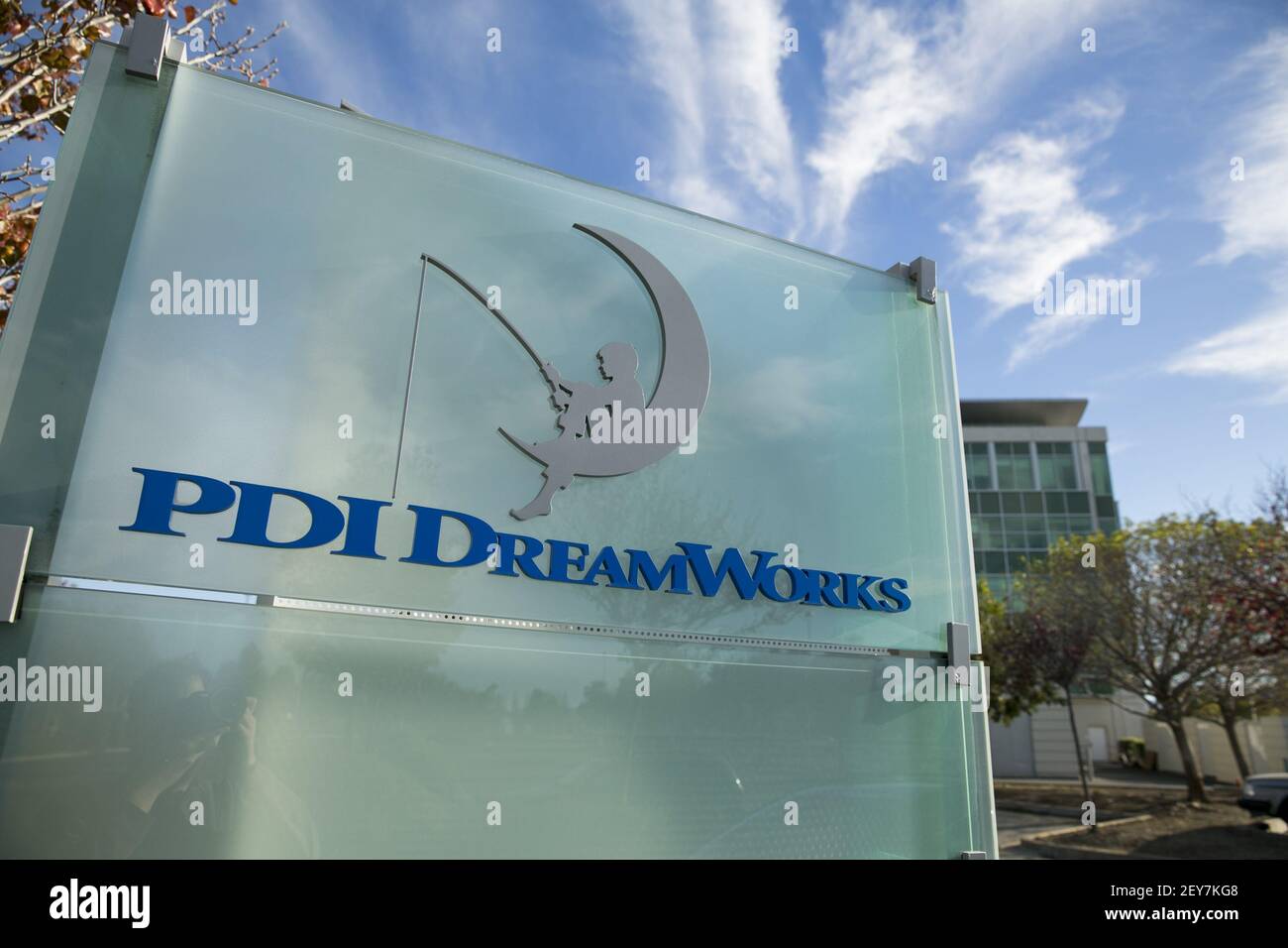 A logo sign at the headquarters of PDI/DreamWorks, A subsidiary of ...