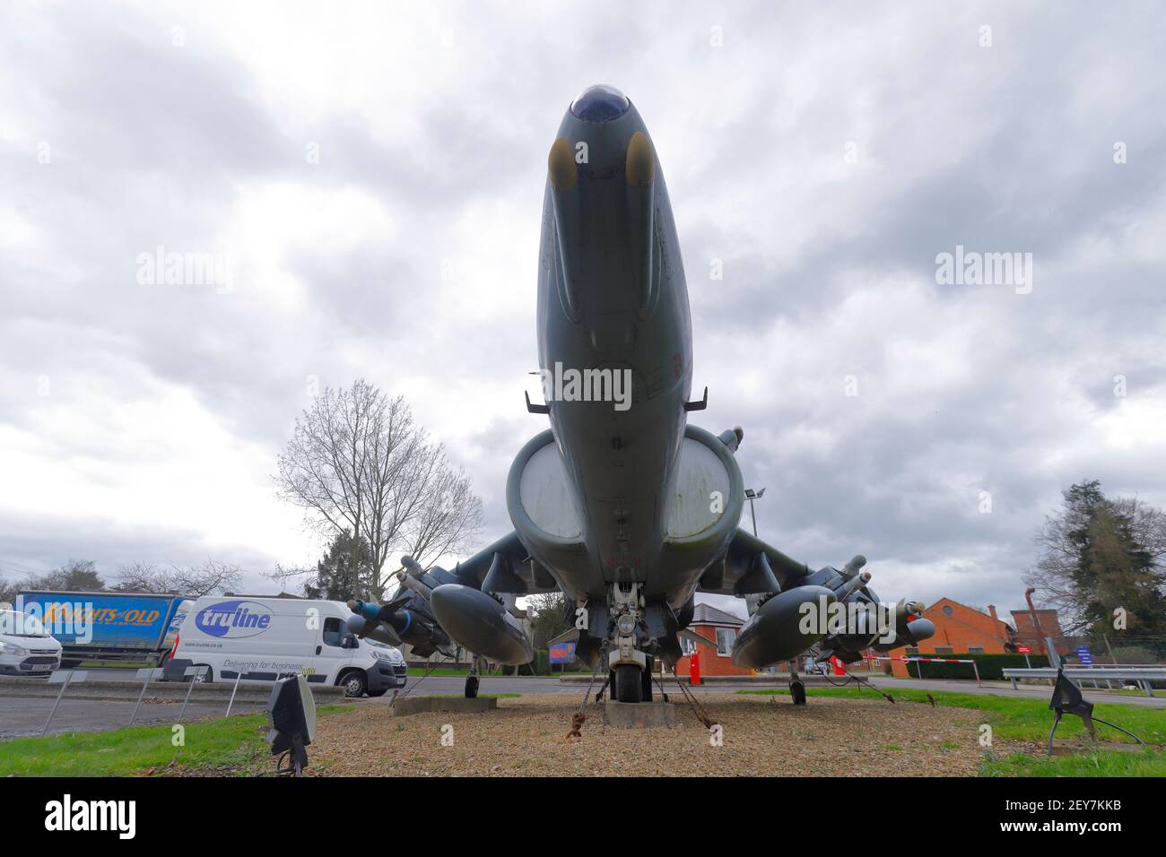 A decommissioned Harrier GR7A sits as a gate guard at the entrance to ...