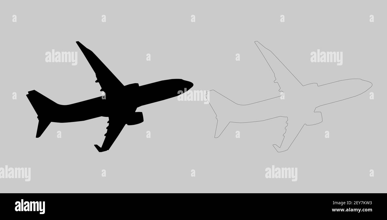 Outline of a passenger plane, isolated on gray background. Vector flat ...
