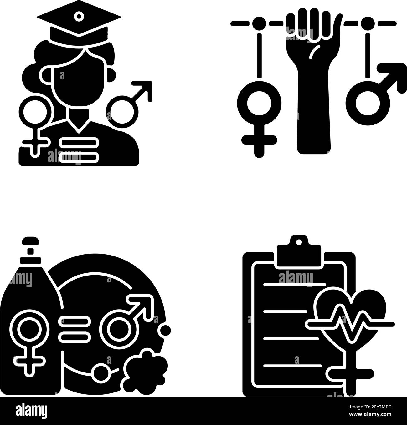 Equal education opportunities black glyph icons set on white space ...